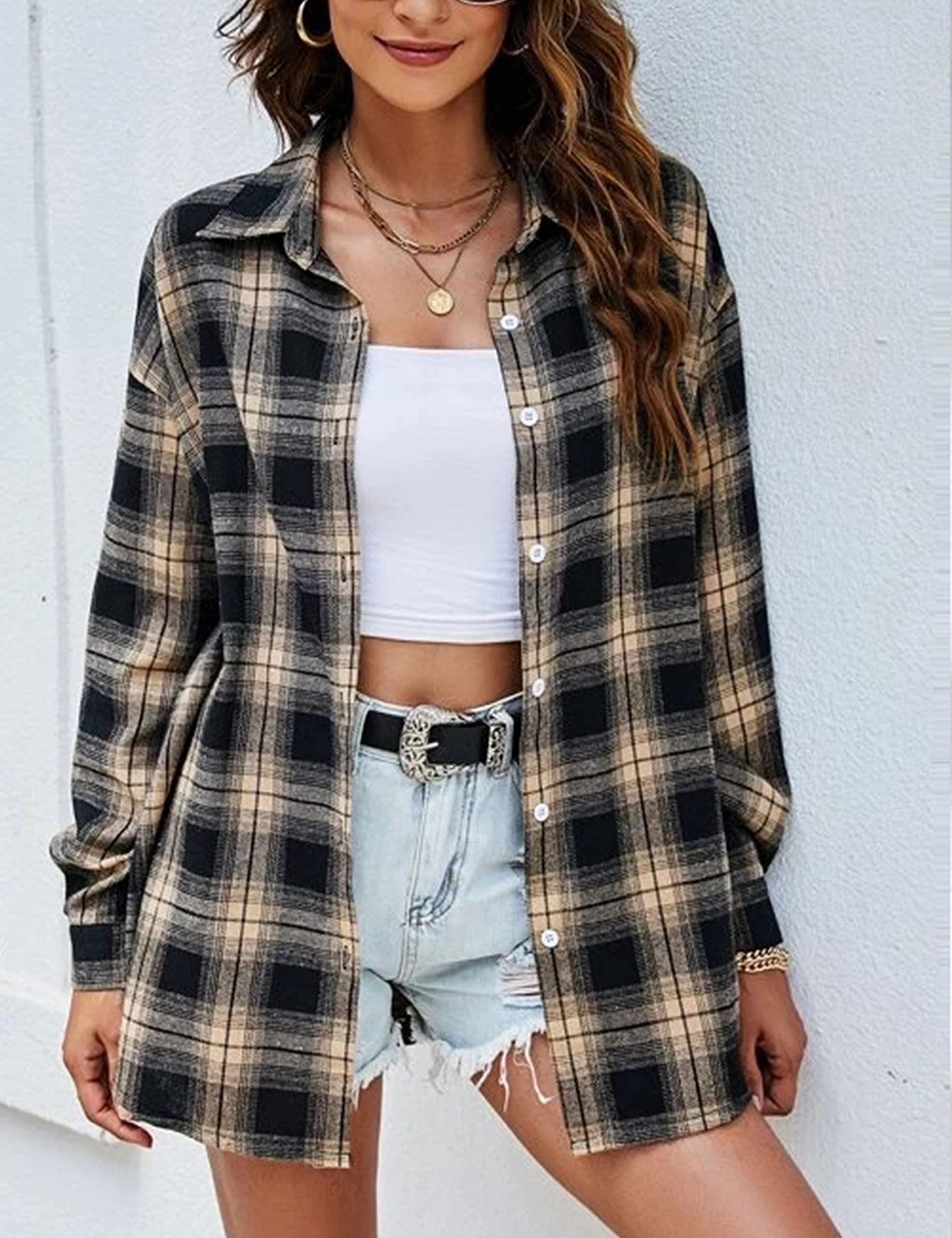 Mingzhu Oversized Button Down Plaid Flannel Shirts for Women Roll Up Long Sleeve Buffalo Blouse Top(0003-Khaki-S)