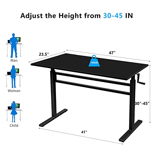 ERGO COMFY Manual Adjustable Height Standing Desk, 48 x 24 Inch Hand Crank Standing Desk with One-Piece Table Top, Sit Stand up Rising Desk, Home Office Computer Workstation, Black