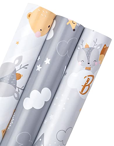 WRAPAHOLIC Reversible Baby Shower Wrapping Paper Roll - Mini Roll - 3 Rolls - 17 Inch X 120 Inch Per Roll - Cute Hedgehog, Animals & Baby Lettering