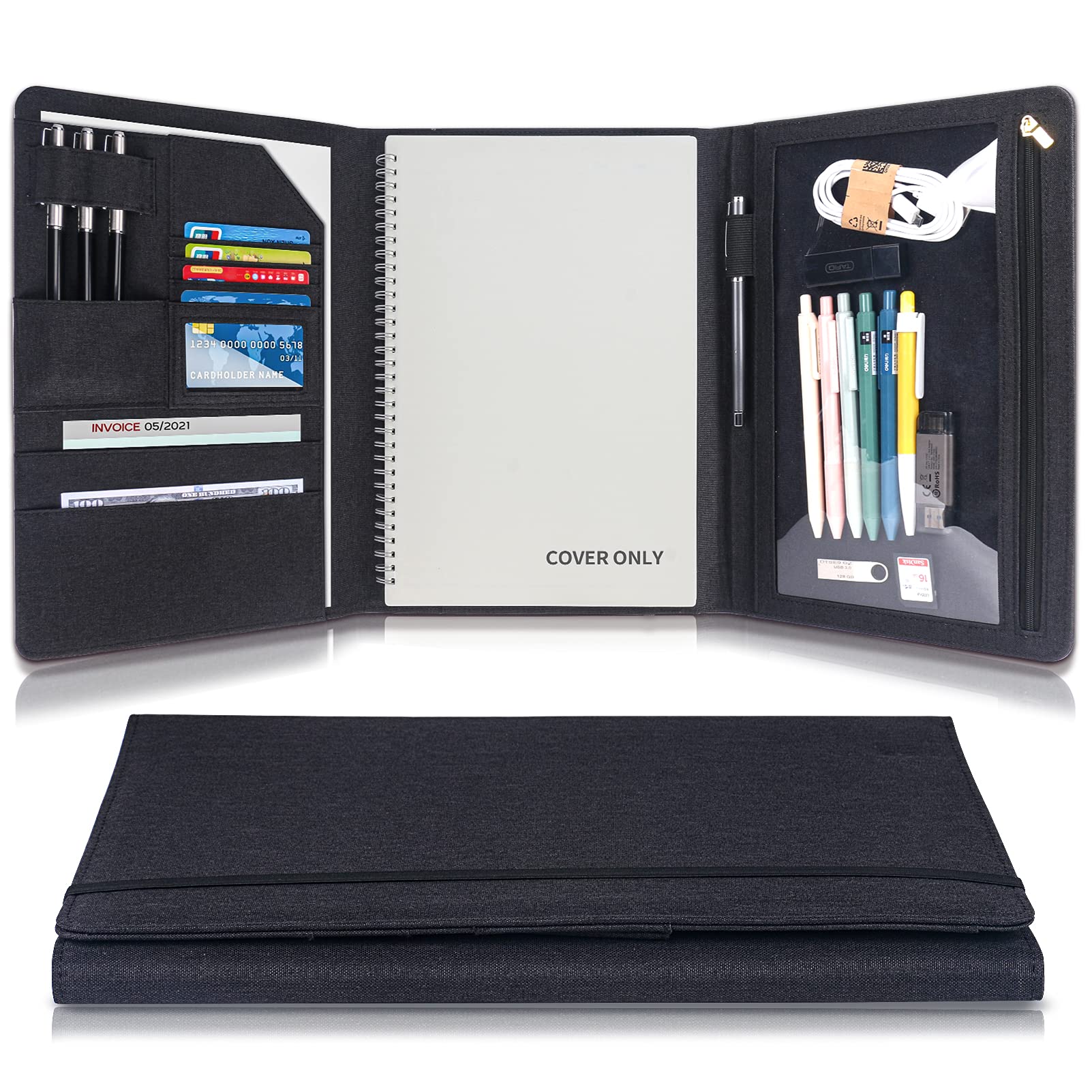 Trifold Cover for Rocketbook Fusion, Panda, Everlast, Letter Size, Multi A4 Size Notebook Case with Pen Loop, Waterproof Fabric, Zipper Pocket, Business Card Holder, 8.5" x 11"inch (Black)