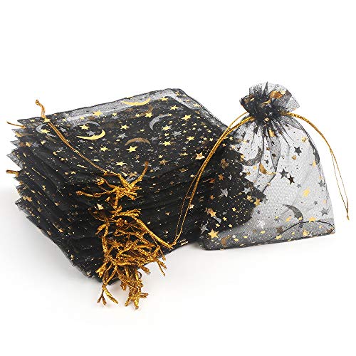 LOAVER 3.5x4.7 Inches Heart Printed Orchid Organza Bags Candy Gift Bags-100Pieces (Stars and Moon Black Bag)
