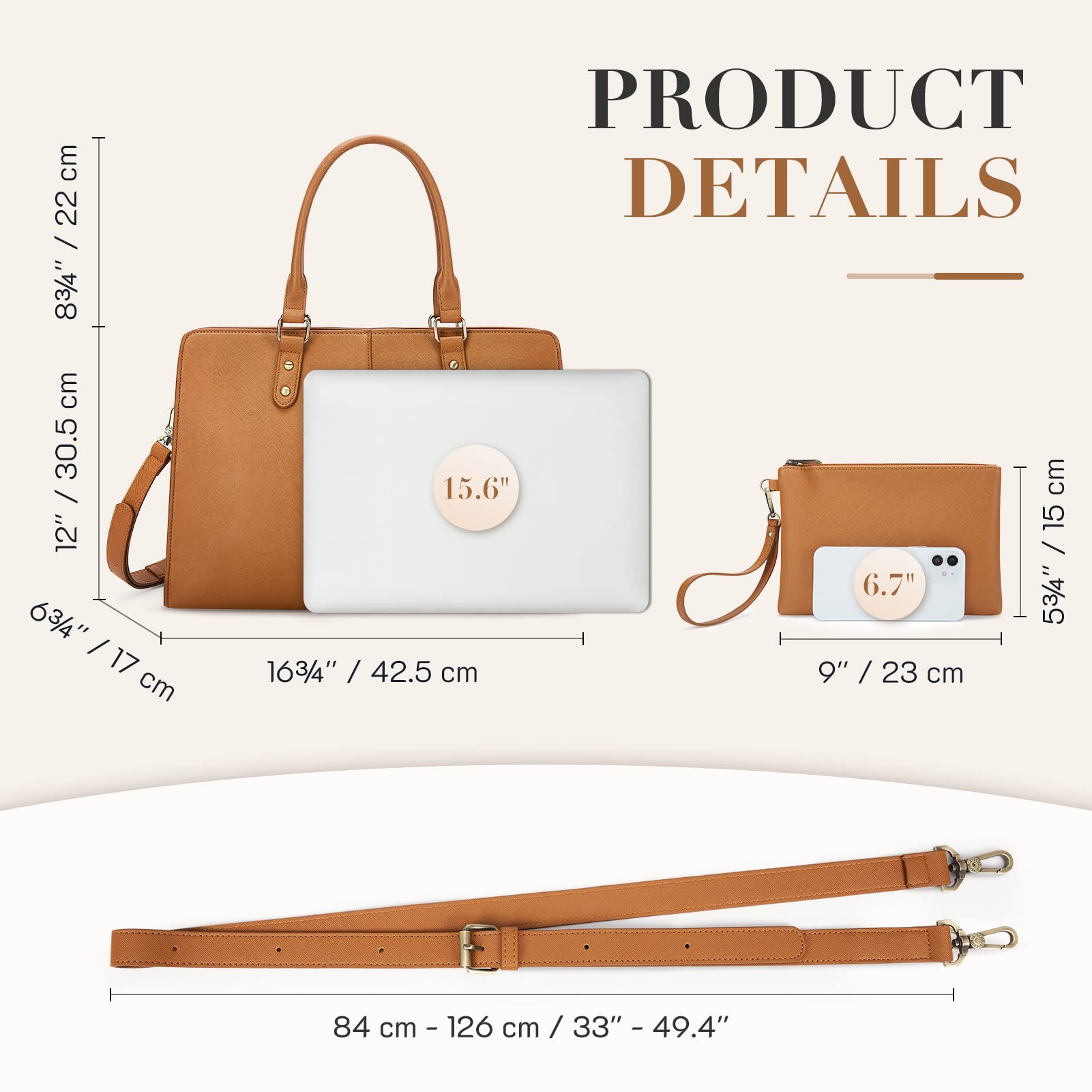 ECOSUSI Laptop Tote Bag Laptop Bag 15.6 inch Work Shoulder Briefcase Computer Messenger with Clutch Satchel Handbag 2 PCS Set (Brown)
