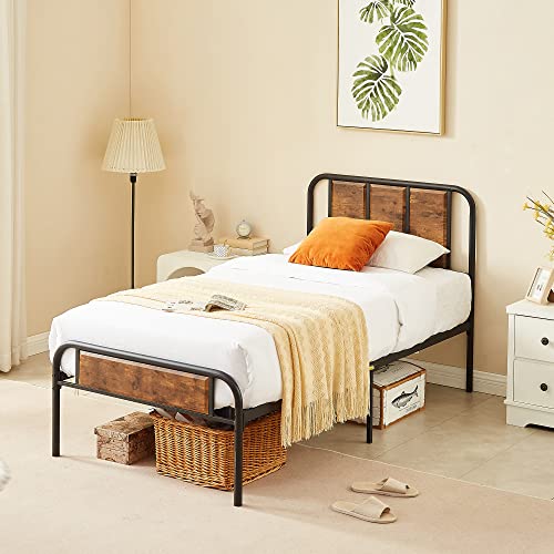 VECELO Twin Size Platform Bed Frame with Wood Headboard/Mattress Foundation/Premium Steel Slats Support/No Box Spring Needed,Brown(Industrial)
