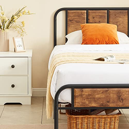 VECELO Twin Size Platform Bed Frame with Wood Headboard/Mattress Foundation/Premium Steel Slats Support/No Box Spring Needed,Brown(Industrial)