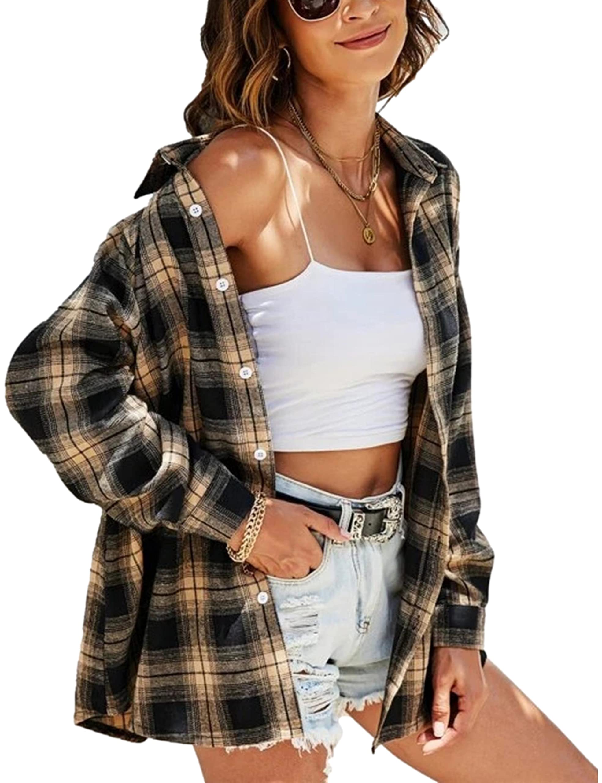 Mingzhu Oversized Button Down Plaid Flannel Shirts for Women Roll Up Long Sleeve Buffalo Blouse Top(0003-Khaki-S)
