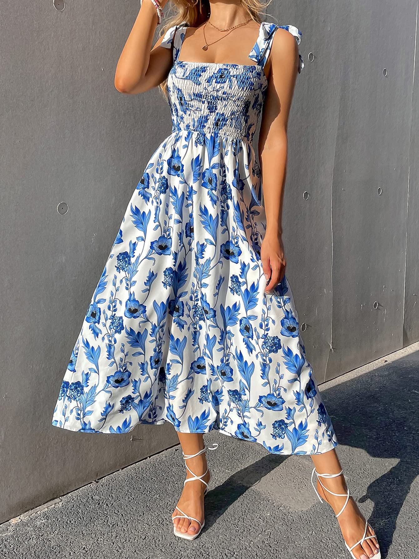 MakeMeChic Women's Summer Boho Dress Casual Floral Print Spaghetti Strap Square Neck Long Maxi Dress Beach Sun Dress A Blue and White M