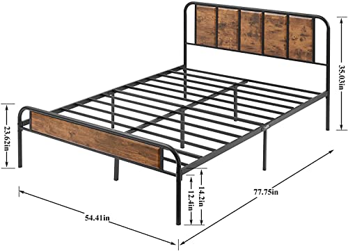 VECELO Full Size Platform Bed Frame with Wood Headboard/Mattress Foundation/Premium Steel Slats Support/No Box Spring Needed,Brown(Industrial)