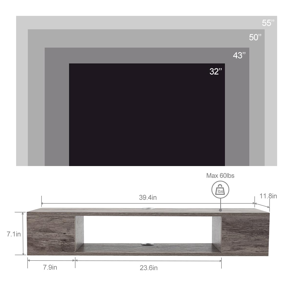 Grey Floating TV Stand and Console, Wall Mounted Entertainment Center with Storage, Space-Saving Under TV Shelf for Bedroom and Living Room