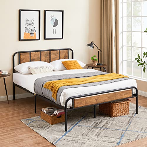VECELO Full Size Platform Bed Frame with Wood Headboard/Mattress Foundation/Premium Steel Slats Support/No Box Spring Needed,Brown(Industrial)