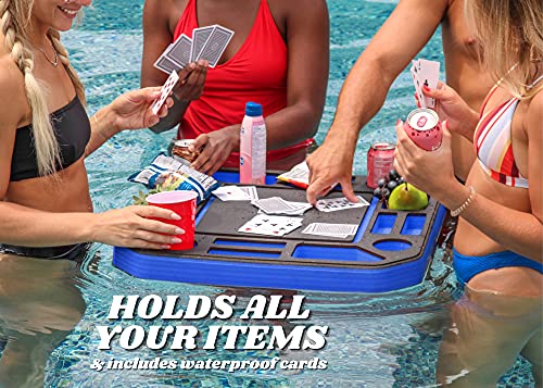 Polar Whale Floating Poker Table Blue and Black Game Tray for Pool Beach Party Float Lounge Durable Foam 23 Inch Chip Slots Drink Holders with Waterproof Playing Cards Deck UV Resistant