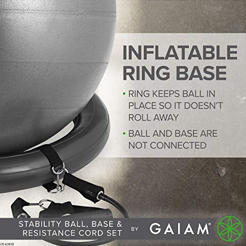 Gaiam Balance Ball, Base & Resistance Band Kit, 65cm Yoga Ball Chair, Exercise Ball with Inflatable Ring Base for Home or Office Desk, Includes Air Pump, Grey