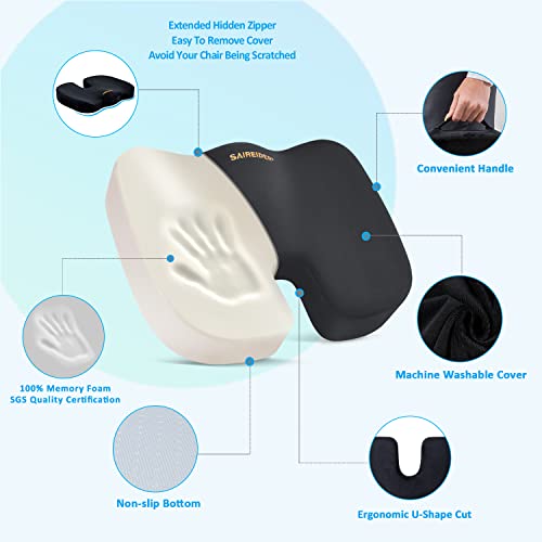 SAIREIDER Seat Cushion and Lumbar Support Pillow for Office Chair, Memory Foam Car Seat Chair Cushions Back Support Pillows, Help Relieve Pain of Back, Lumbar, Tailbone and Sciatic Nerve(Black)