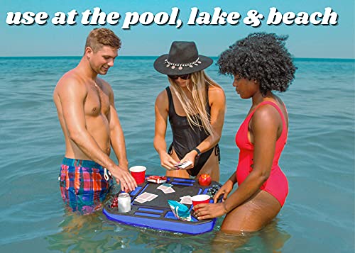 Polar Whale Floating Poker Table Blue and Black Game Tray for Pool Beach Party Float Lounge Durable Foam 23 Inch Chip Slots Drink Holders with Waterproof Playing Cards Deck UV Resistant