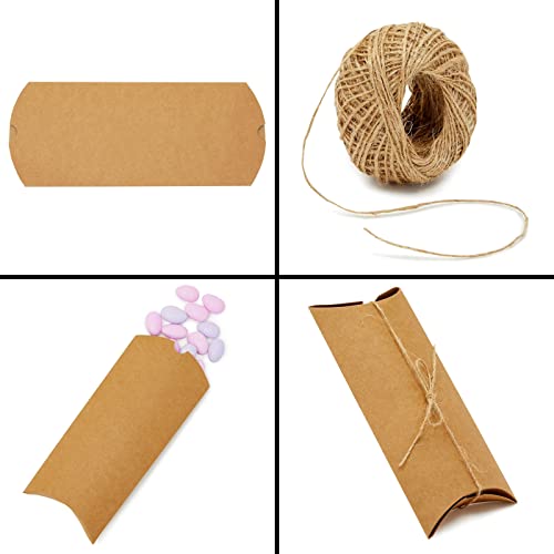 100 Pack Kraft Pillow Boxes with Twine for Jewelry, Wedding, Party Favors, Gift Cards (7.5 x 3.7 In)