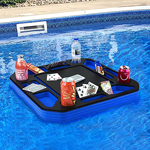 Polar Whale Floating Poker Table Blue and Black Game Tray for Pool Beach Party Float Lounge Durable Foam 23 Inch Chip Slots Drink Holders with Waterproof Playing Cards Deck UV Resistant