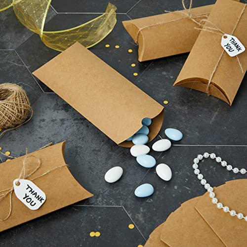 100 Pack Kraft Pillow Boxes with Twine for Jewelry, Wedding, Party Favors, Gift Cards (7.5 x 3.7 In)