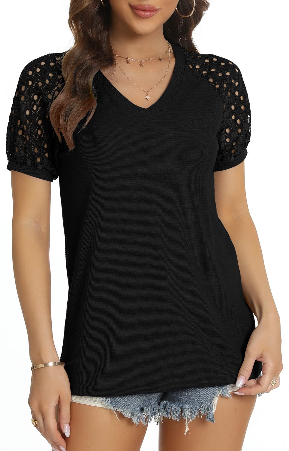 HAOMEILI Women’s Short Sleeve V Neck Tops Lace Shirt Casual Loose T Shirtss L Black