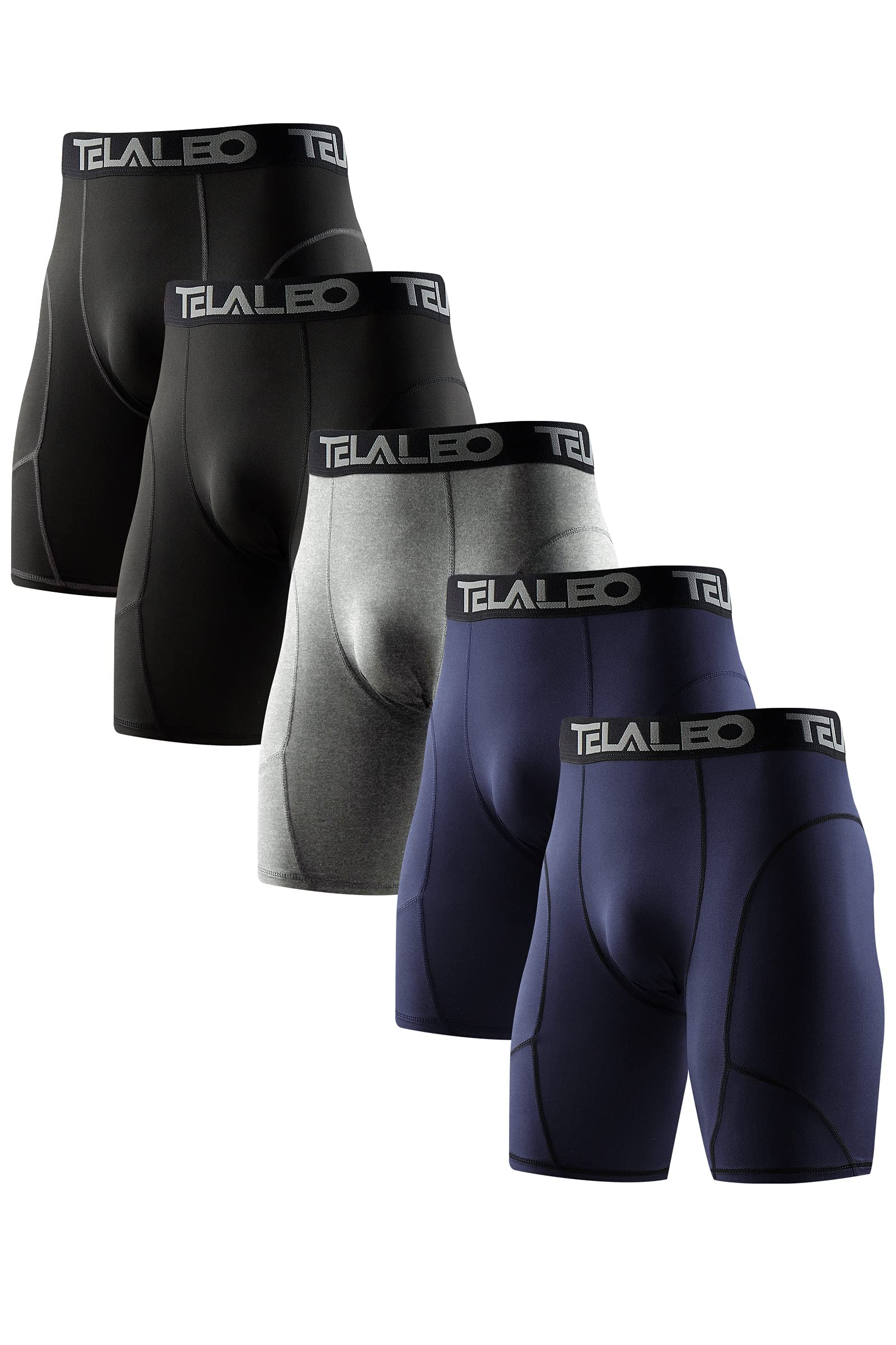 TELALEO 5 Pack Compression Shorts for Men Spandex Sport Shorts Athletic Workout Running Performance Baselayer Underwear Black/Double Blue/Double Gray XXL