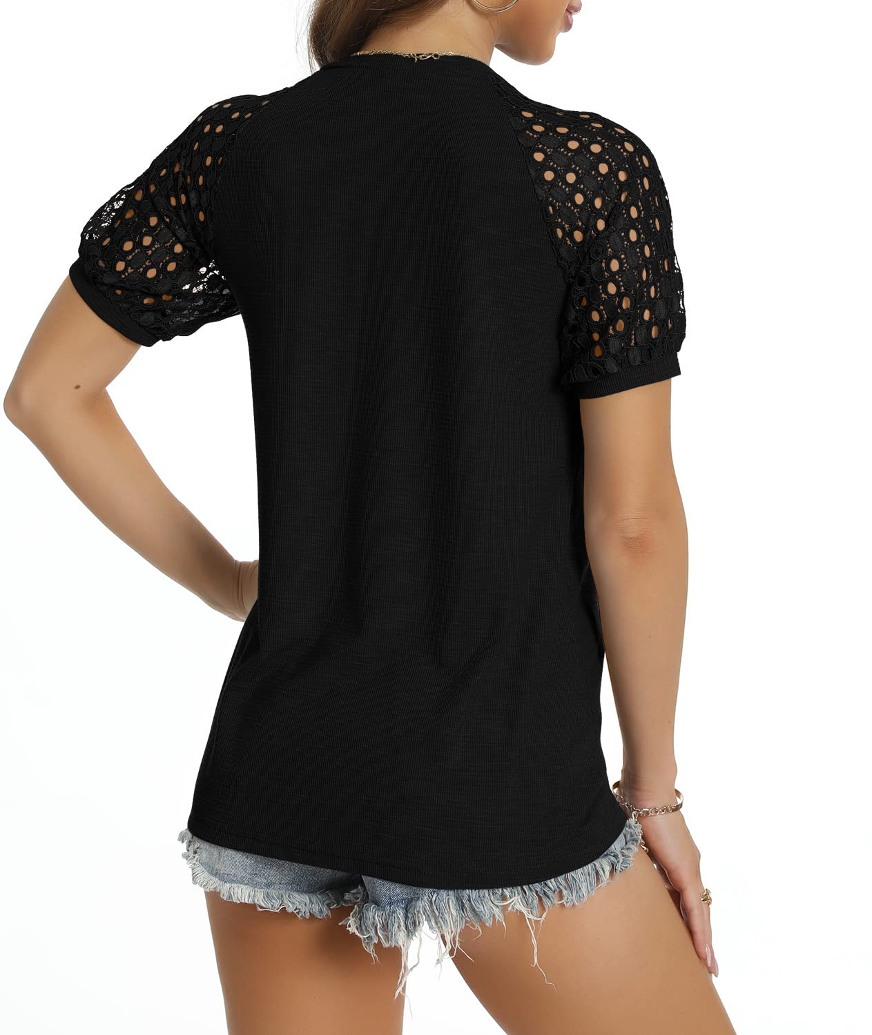 HAOMEILI Women’s Short Sleeve V Neck Tops Lace Shirt Casual Loose T Shirtss L Black