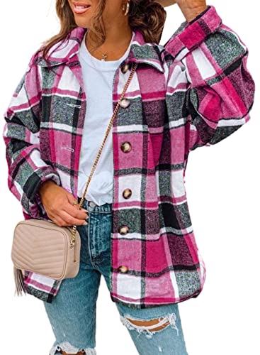 Dokotoo Shacket Jacket Women Ladies Winter Coats Plus Size Fall Fashion Casual Button Down Oversized Long Sleeve Tops Plaid Flannel Shirts Fleece Jackets Cardigan for Women 2023 with Pockets Rose M