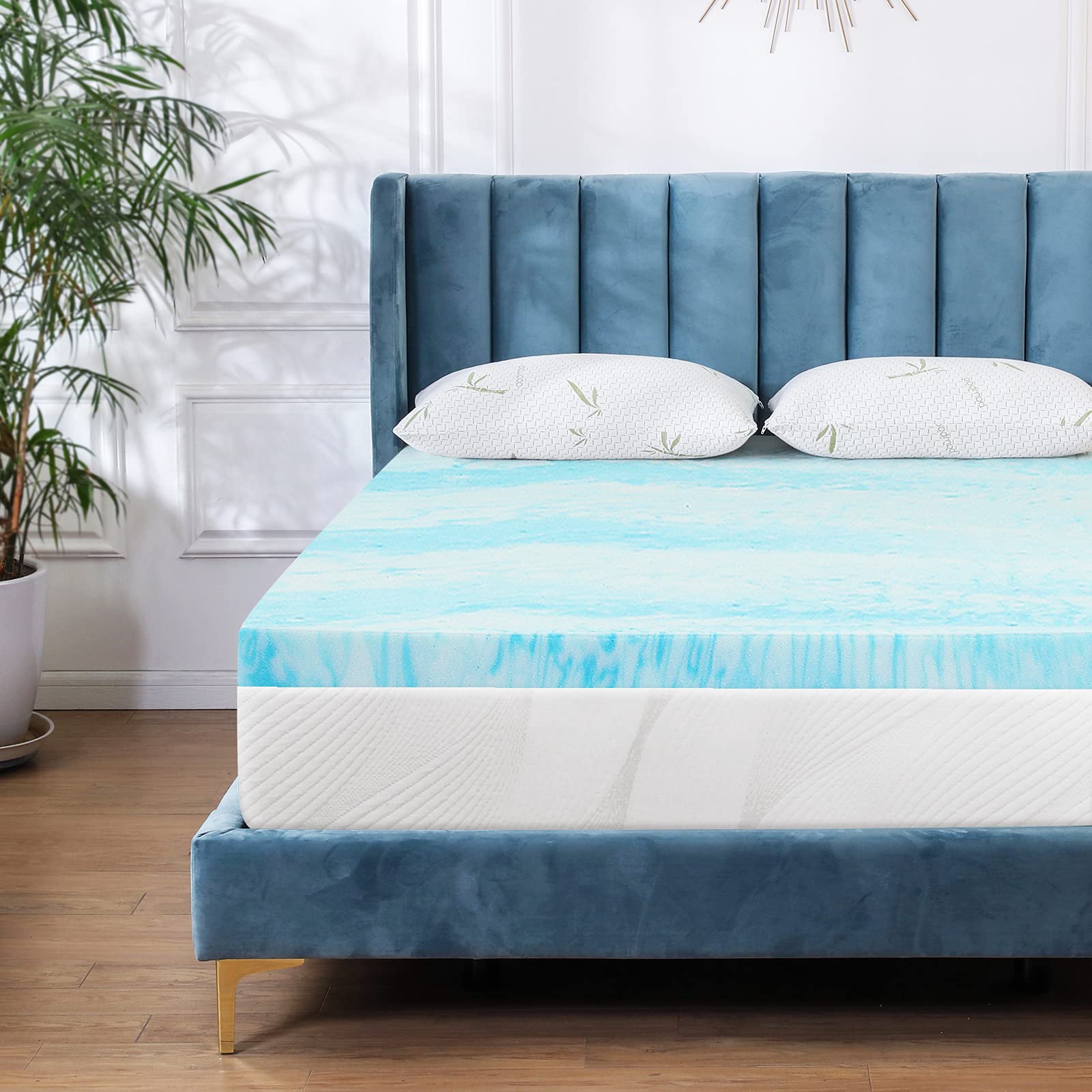 Mattress Topper for Queen Bed, Gel Swirl Memory Foam Soft Bed Topper for Back Pain, 3 inch, Light Blue