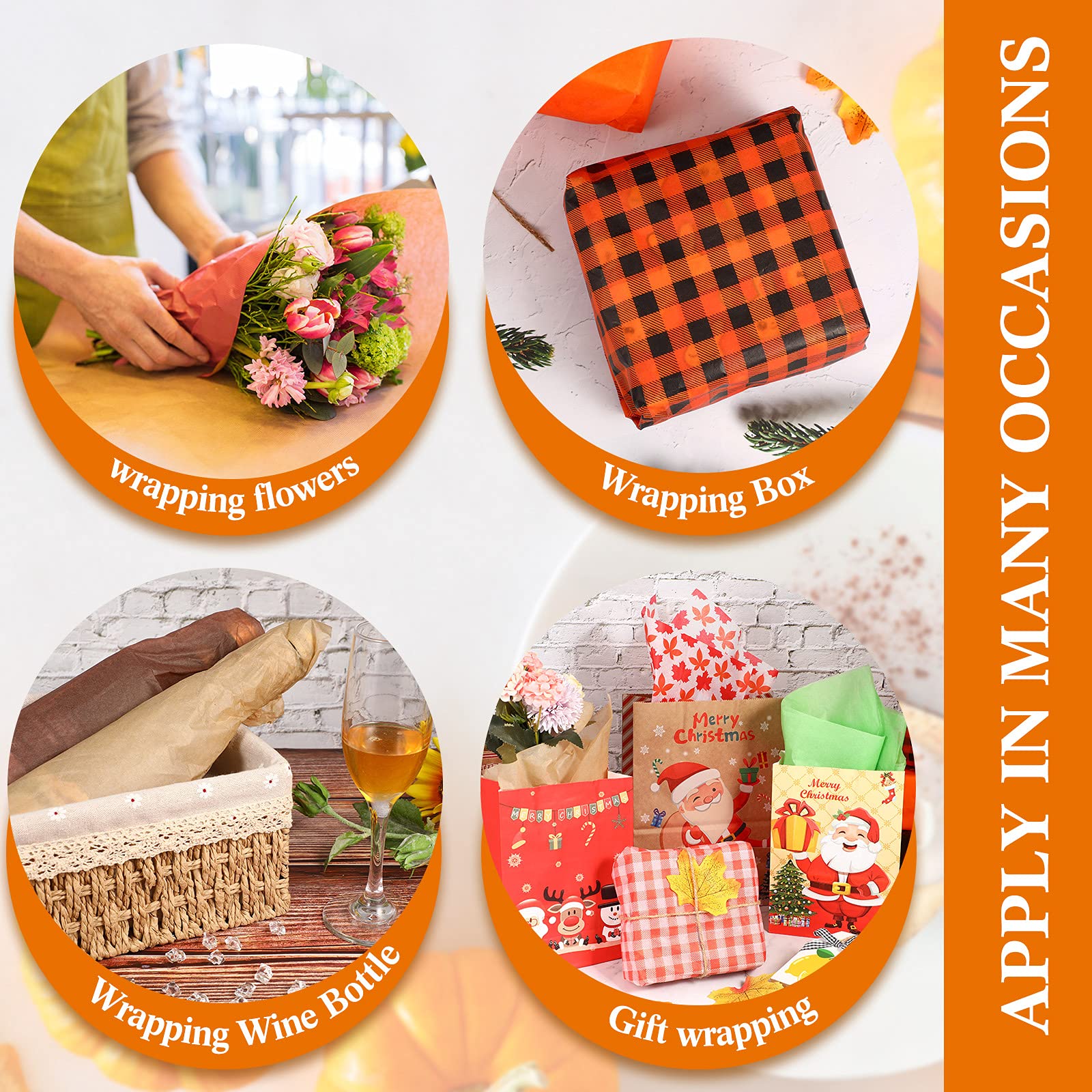 Zonon 100 Sheets Thanksgiving Fall Tissue Paper for Gift Orange Autumn Wrapping Paper Bulk Pumpkin Maple Leaves DIY Craft Art Harvest Birthday Wedding Present Box Decoration