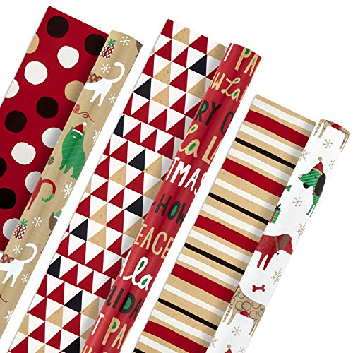 Hallmark Christmas Reversible Wrapping Paper Bundle, Pets and Patterns (Pack of 3, 120 sq. ft. ttl) Cats, Dogs, Stripes, Polka Dots, Paw La La La
