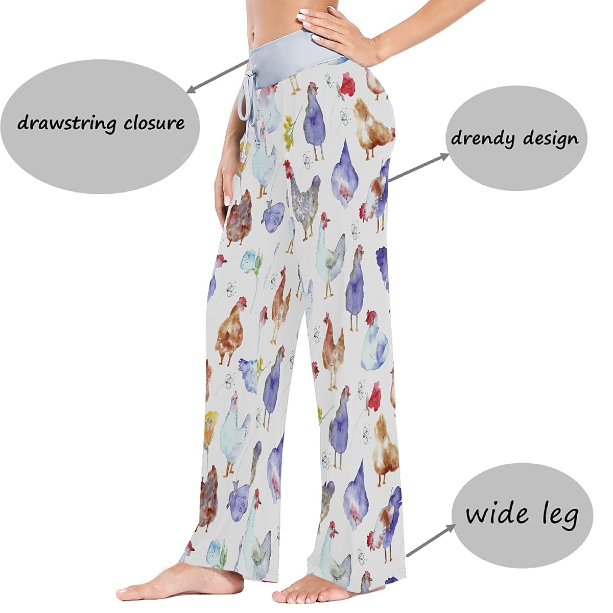 vvfelixl Women's Pajama Pants Colored Chicken Hens Butterflies Flowers Sleepwear Lounge Pajama Bottoms White M