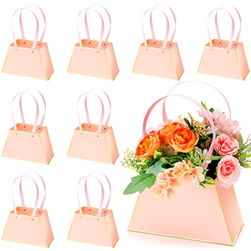 8 Pieces Wedding Portable Gift Bag Bouquet Wrapping Paper Bag Waterproof Flower Boxes for Arrangements with Handle Empty Florist Packaging Floral Gift Bag for Birthday Graduation Mother's Day (Pink)