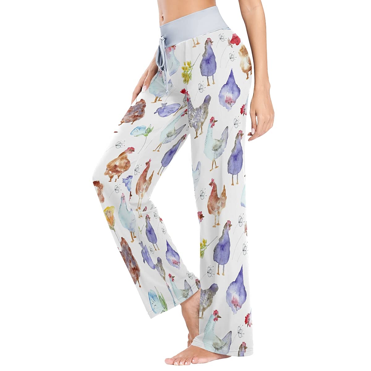 vvfelixl Women's Pajama Pants Colored Chicken Hens Butterflies Flowers Sleepwear Lounge Pajama Bottoms White M