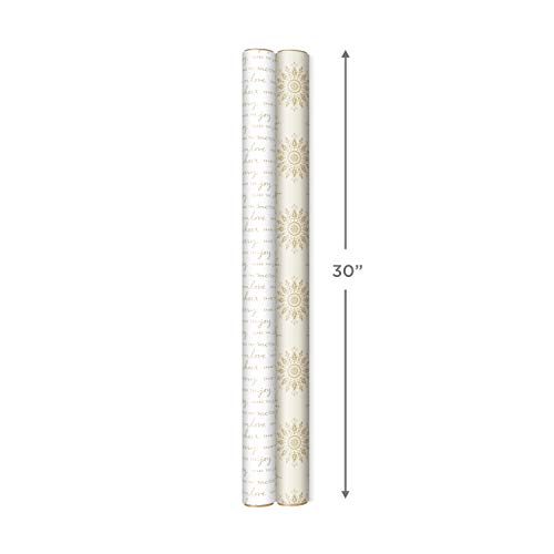 Hallmark Reversible White and Gold Wrapping Paper - Bulk (2 Jumbo Rolls: 160 sq. ft. ttl) "Share the Joy, Cheer, Merry, Love," Stripes, Dots, Snowflakes for Christmas Hanukkah, Weddings, Graduations
