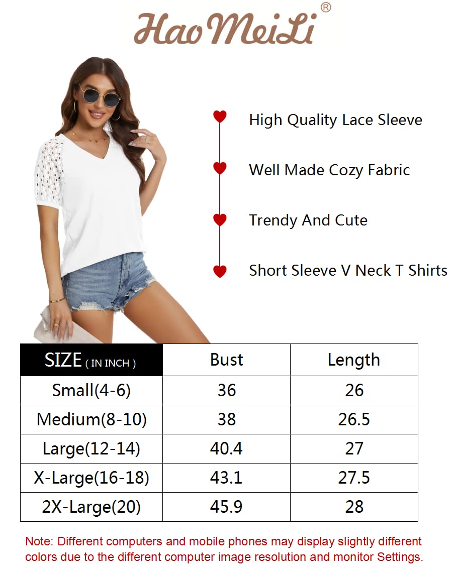 HAOMEILI Women’s Short Sleeve V Neck Tops Lace Shirt Casual Loose T Shirtss L Black