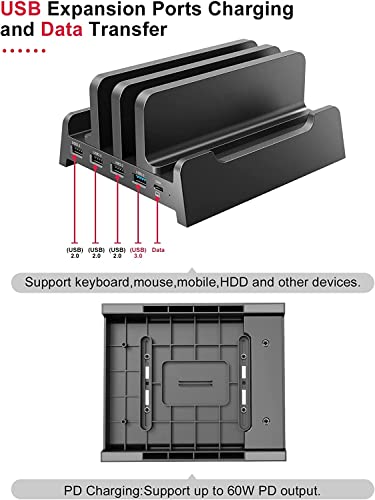 Vertical Laptop Stand with USB Hub, Plastic Dual-Slot Laptop Holder Adjustable Dock Size, Laptop Docking Station with 1 USB-C and 4 USB-A Ports, for All MacBook/Surface/HP/Dell/iPad Up to 17.3 inches