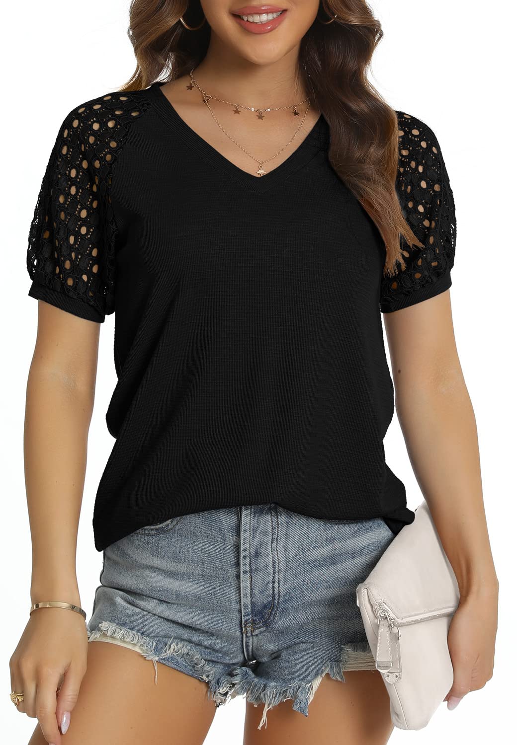HAOMEILI Women’s Short Sleeve V Neck Tops Lace Shirt Casual Loose T Shirtss L Black