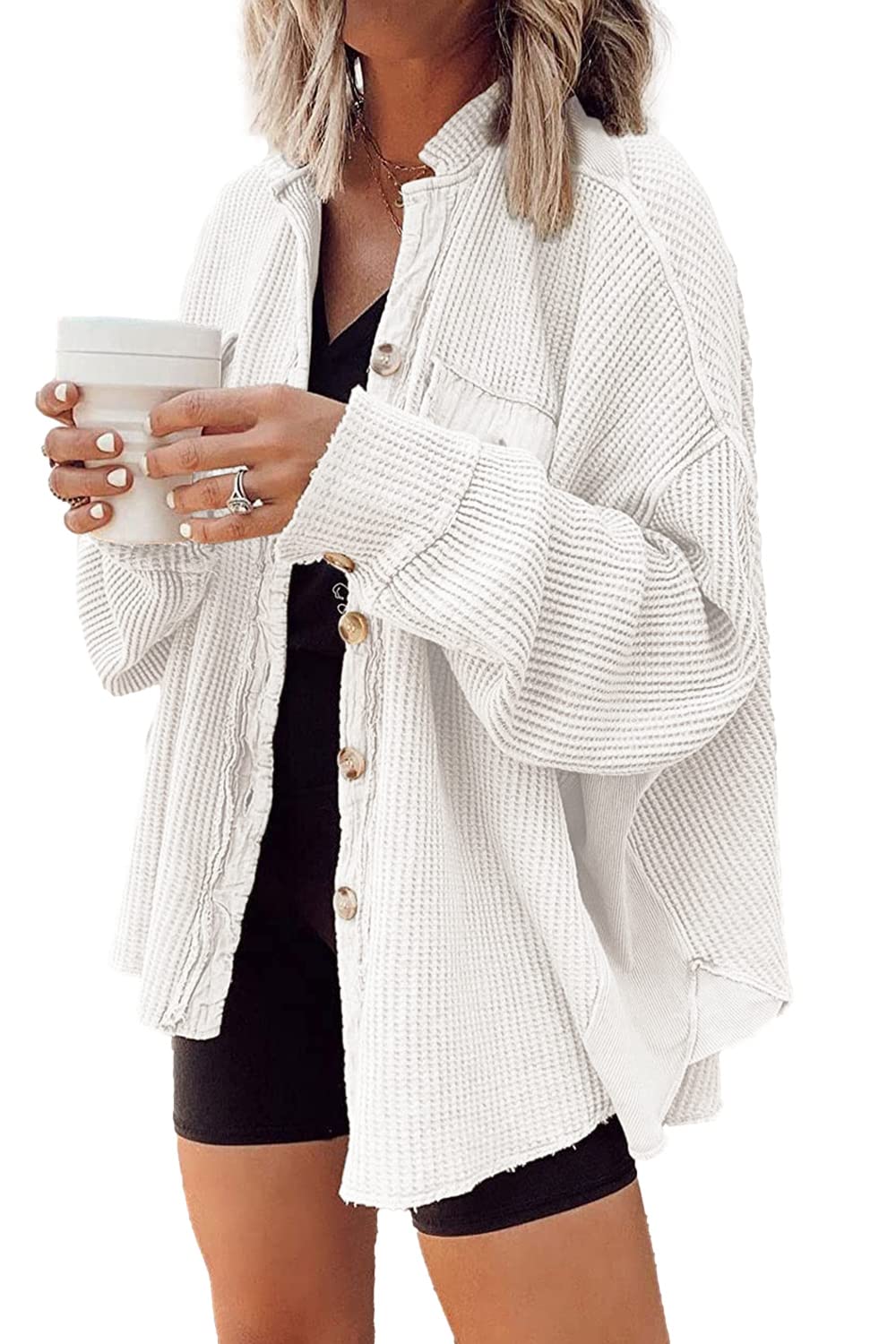 Yanekop Waffle Knit Button Down Shirt Womens Shacket Oversized Long Sleeve Shirt Jacket Trendy Outfits 2025(A White,XL)