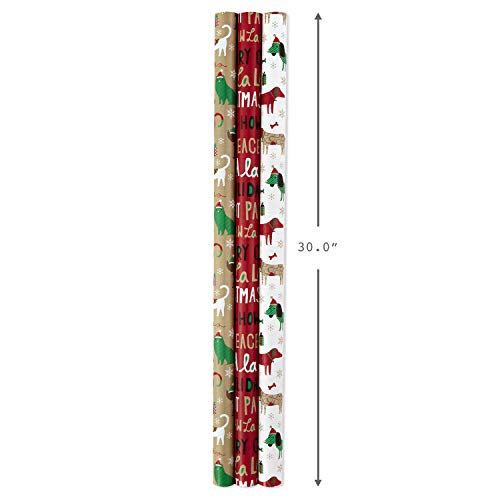 Hallmark Christmas Reversible Wrapping Paper Bundle, Pets and Patterns (Pack of 3, 120 sq. ft. ttl) Cats, Dogs, Stripes, Polka Dots, Paw La La La