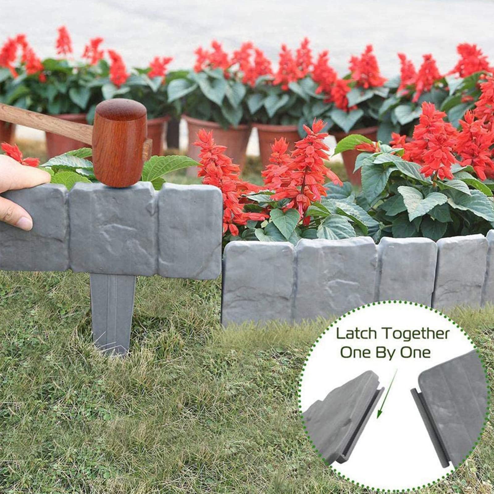 Fonzci 10Pcs Garden Plastic Fence Edging Garden Lawn Edging Plant Border Lawn Fence Stone Effect Fence Stone Edging for Walkways Landscape Garden Patio