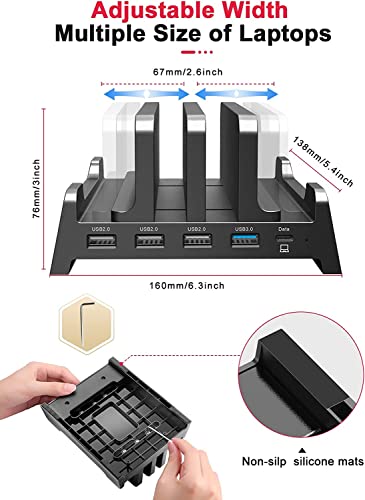 Vertical Laptop Stand with USB Hub, Plastic Dual-Slot Laptop Holder Adjustable Dock Size, Laptop Docking Station with 1 USB-C and 4 USB-A Ports, for All MacBook/Surface/HP/Dell/iPad Up to 17.3 inches