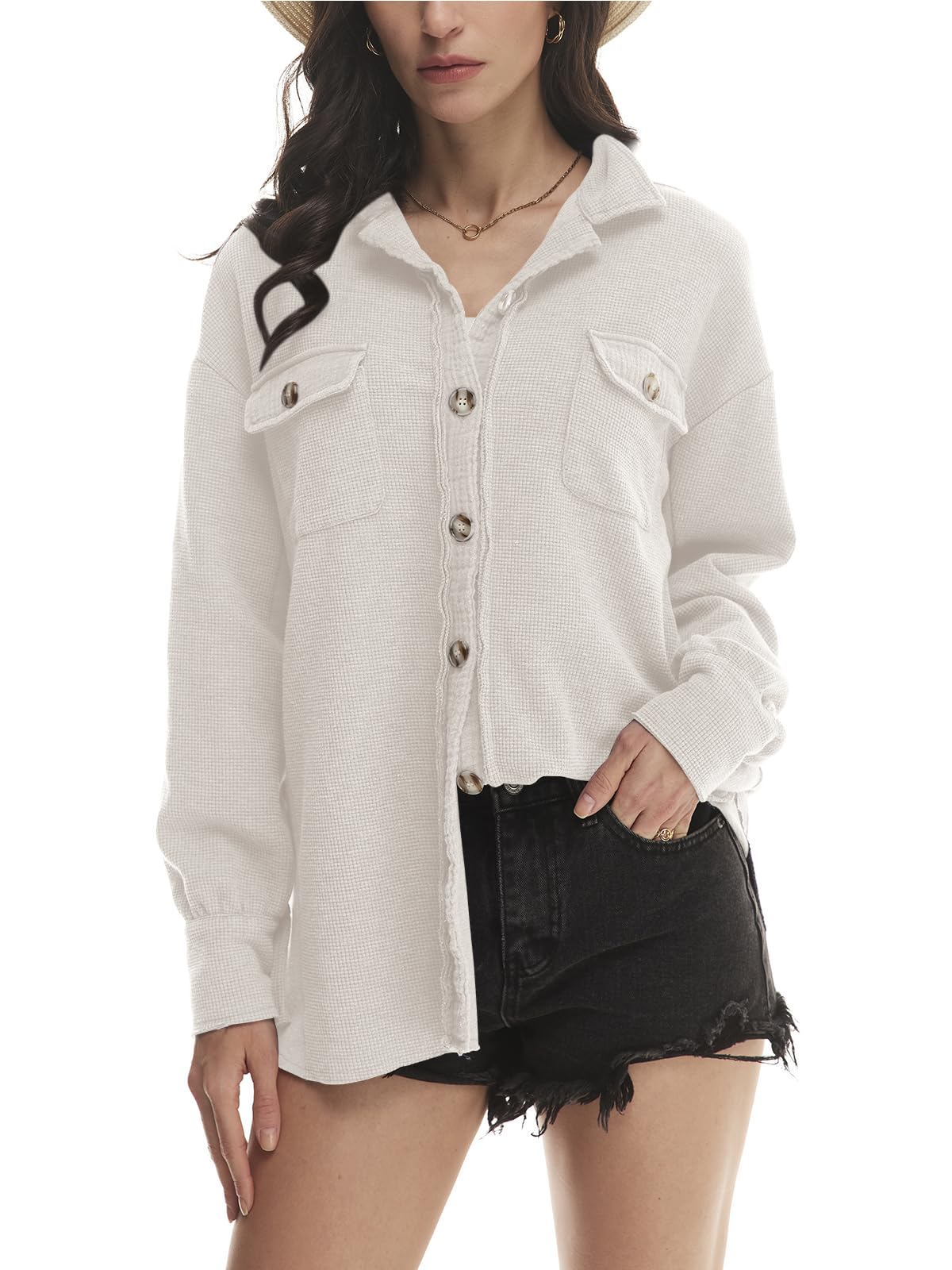 Yanekop Waffle Knit Button Down Shirt Womens Shacket Oversized Long Sleeve Shirt Jacket Trendy Outfits 2025(A White,XL)