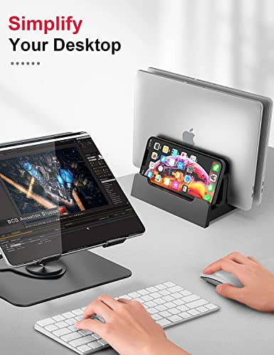 Vertical Laptop Stand with USB Hub, Plastic Dual-Slot Laptop Holder Adjustable Dock Size, Laptop Docking Station with 1 USB-C and 4 USB-A Ports, for All MacBook/Surface/HP/Dell/iPad Up to 17.3 inches
