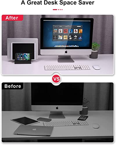 Vertical Laptop Stand with USB Hub, Plastic Dual-Slot Laptop Holder Adjustable Dock Size, Laptop Docking Station with 1 USB-C and 4 USB-A Ports, for All MacBook/Surface/HP/Dell/iPad Up to 17.3 inches