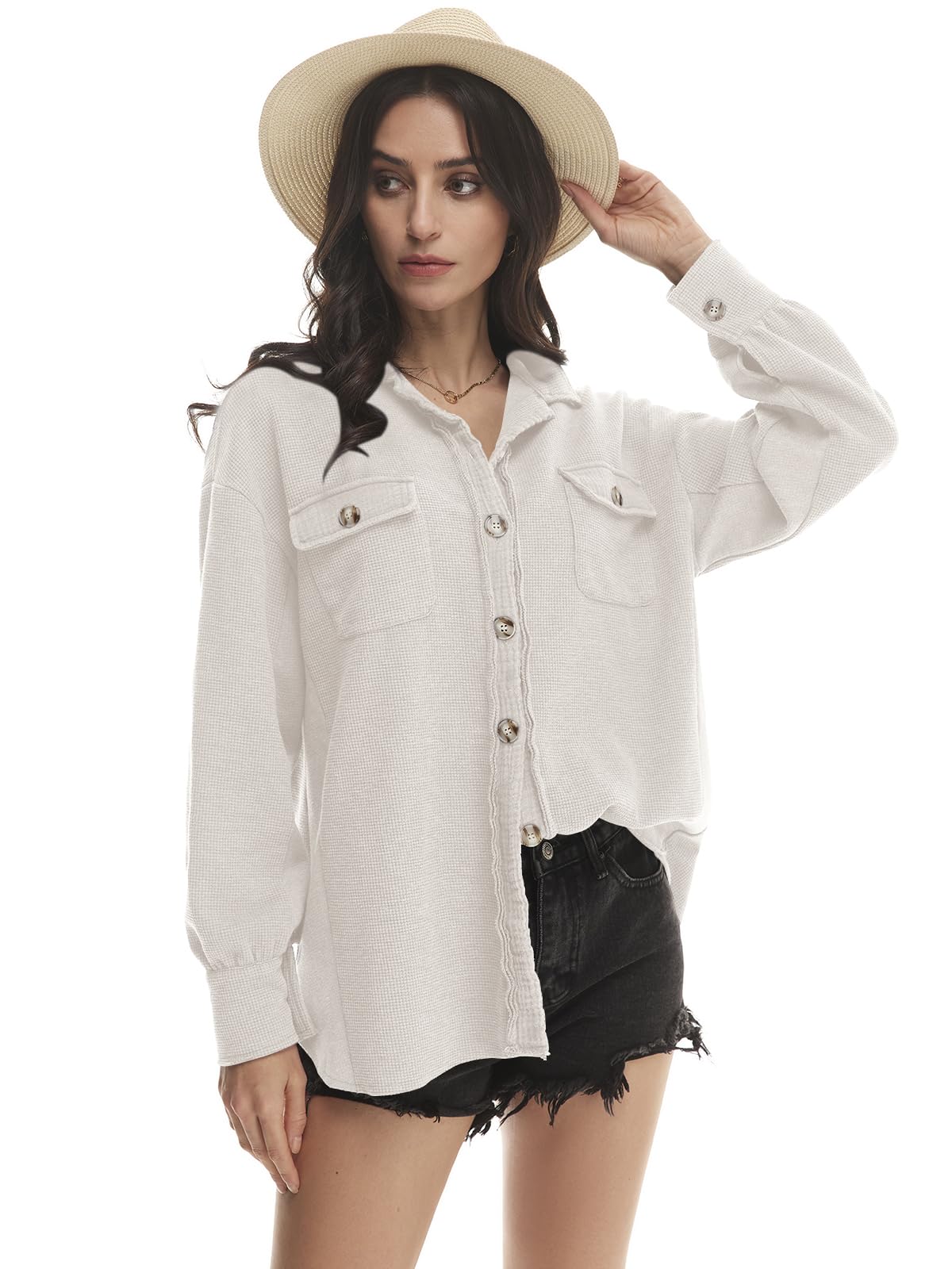 Yanekop Waffle Knit Button Down Shirt Womens Shacket Oversized Long Sleeve Shirt Jacket Trendy Outfits 2025(A White,XL)