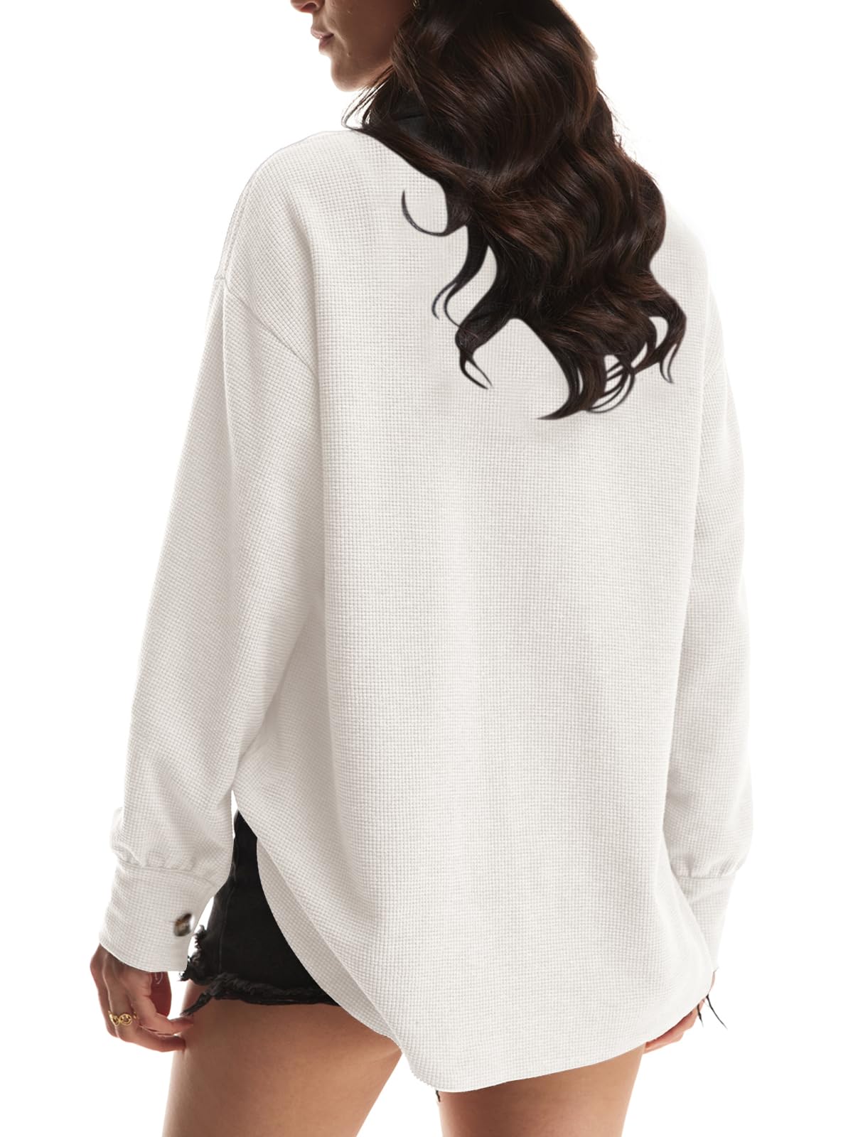 Yanekop Waffle Knit Button Down Shirt Womens Shacket Oversized Long Sleeve Shirt Jacket Trendy Outfits 2025(A White,XL)