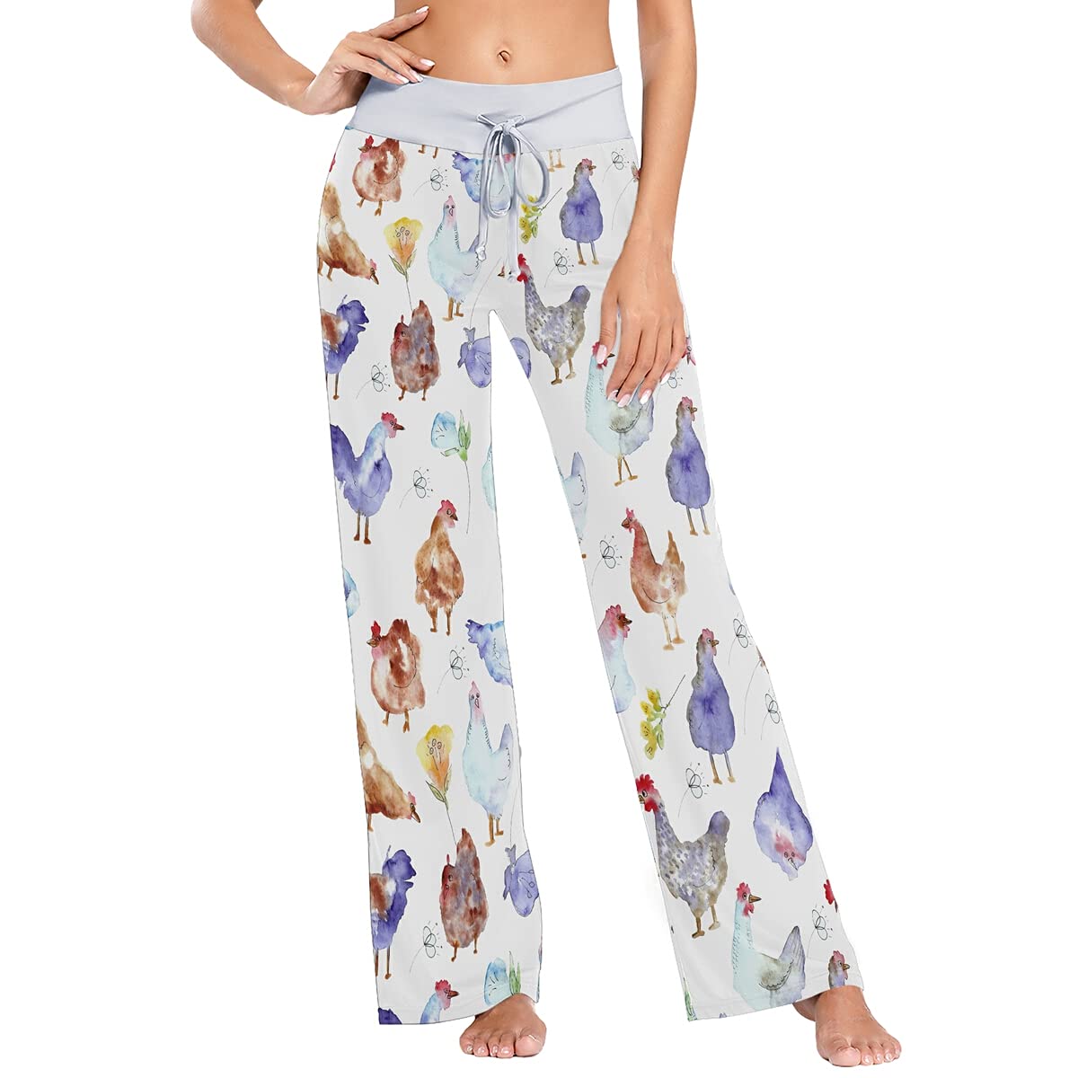 vvfelixl Women's Pajama Pants Colored Chicken Hens Butterflies Flowers Sleepwear Lounge Pajama Bottoms White M
