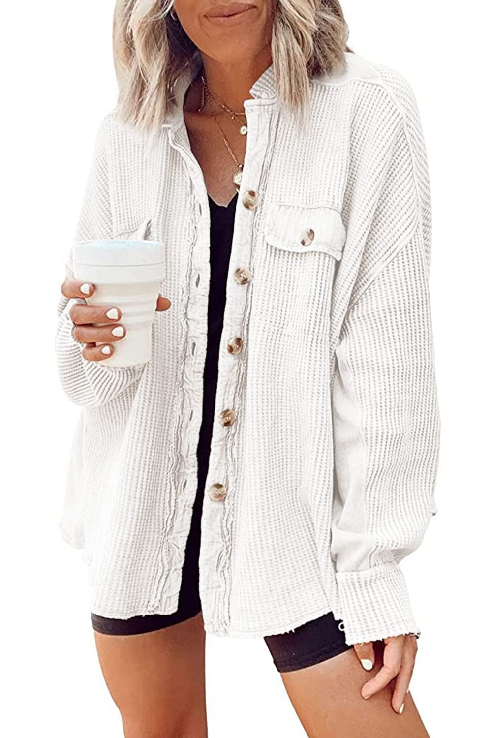 Yanekop Waffle Knit Button Down Shirt Womens Shacket Oversized Long Sleeve Shirt Jacket Trendy Outfits 2025(A White,XL)