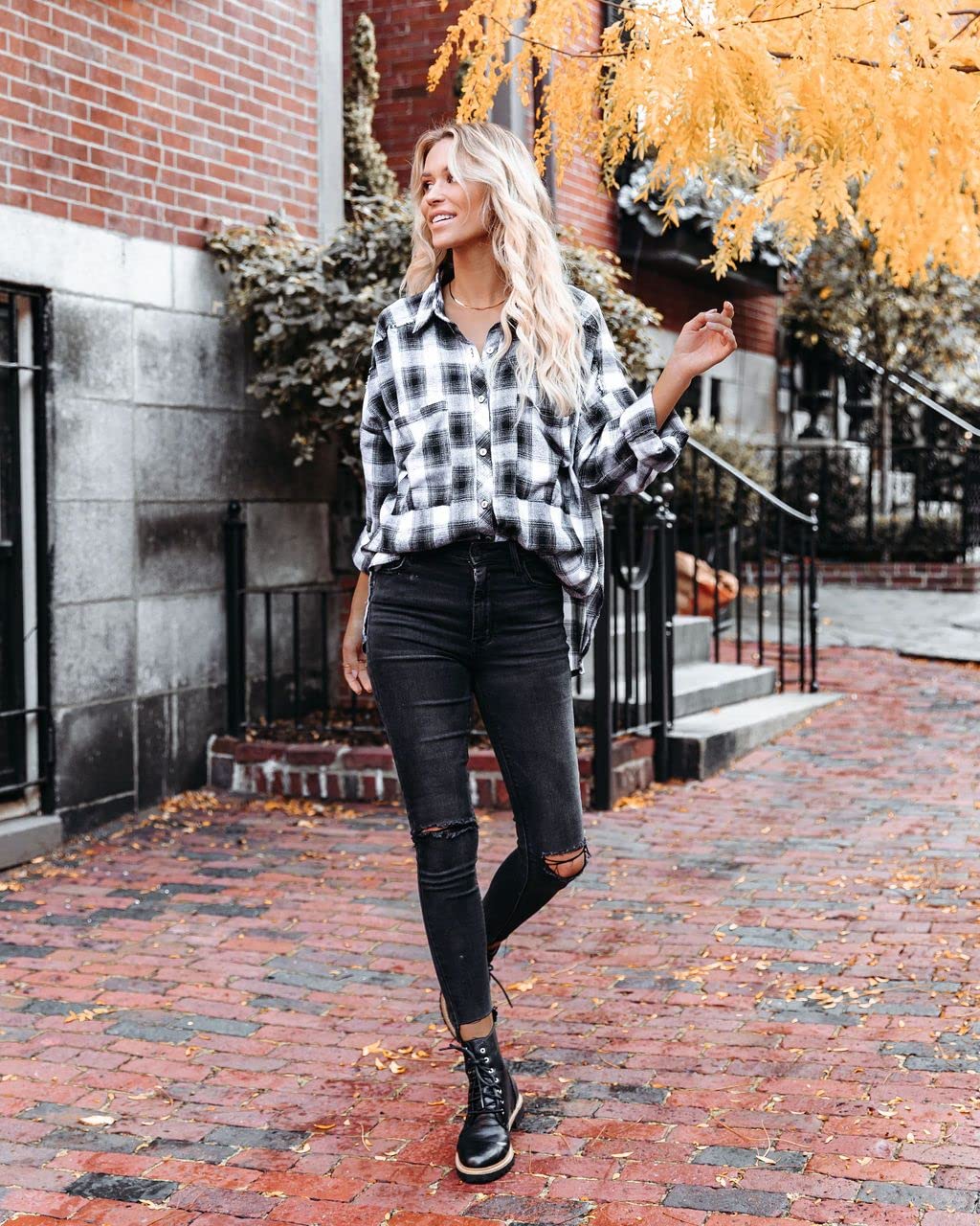 Paintcolors Women's Plaid Button Down Shirts Long Sleeve Blouses Flannel Oversized Tunic Tops with Pockets - Black-White XL