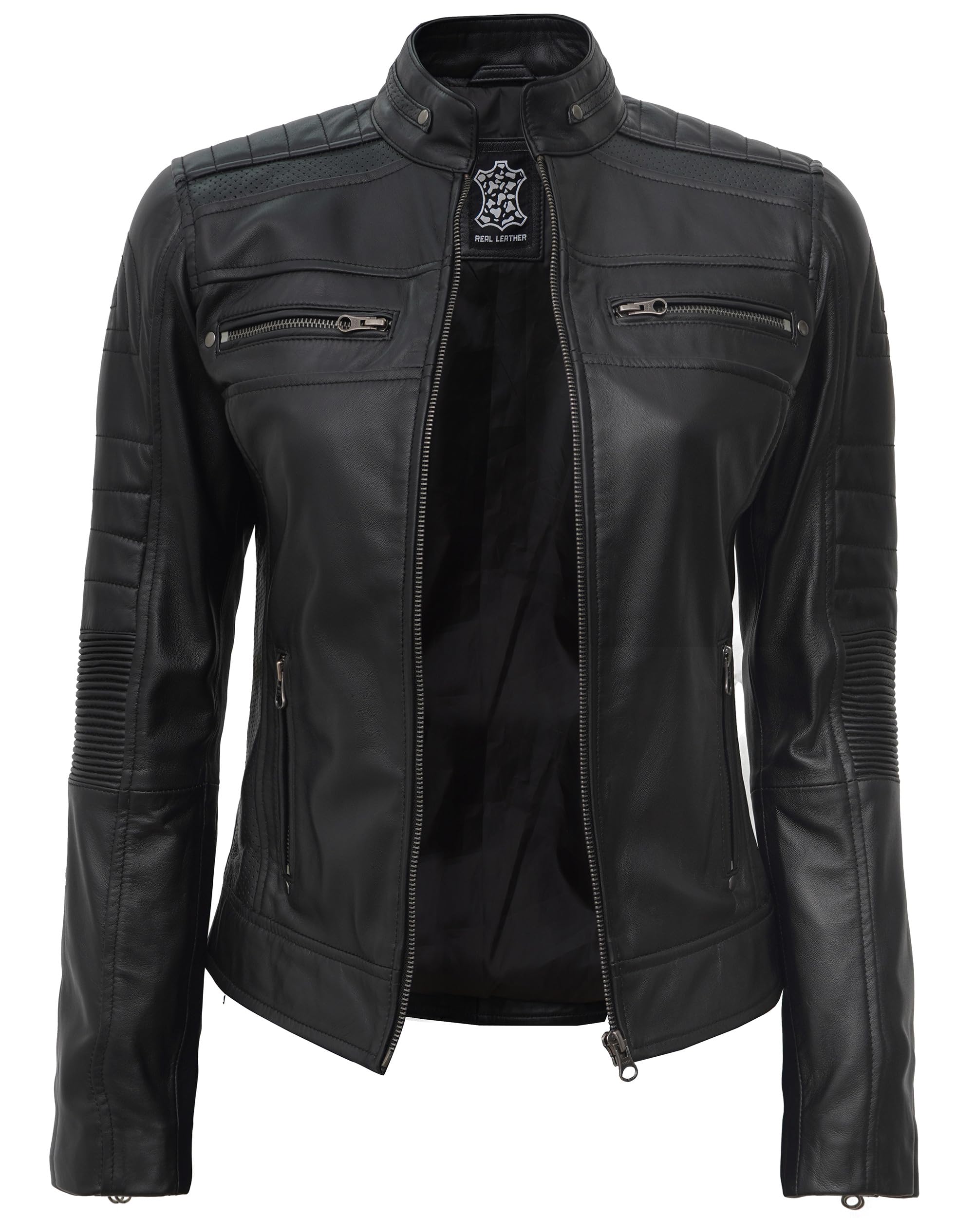 Decrum Woman Black Leather Jacket - Women's Leather & Faux Leather Jackets & Coats | [1313722] Black Cafe Racer, S