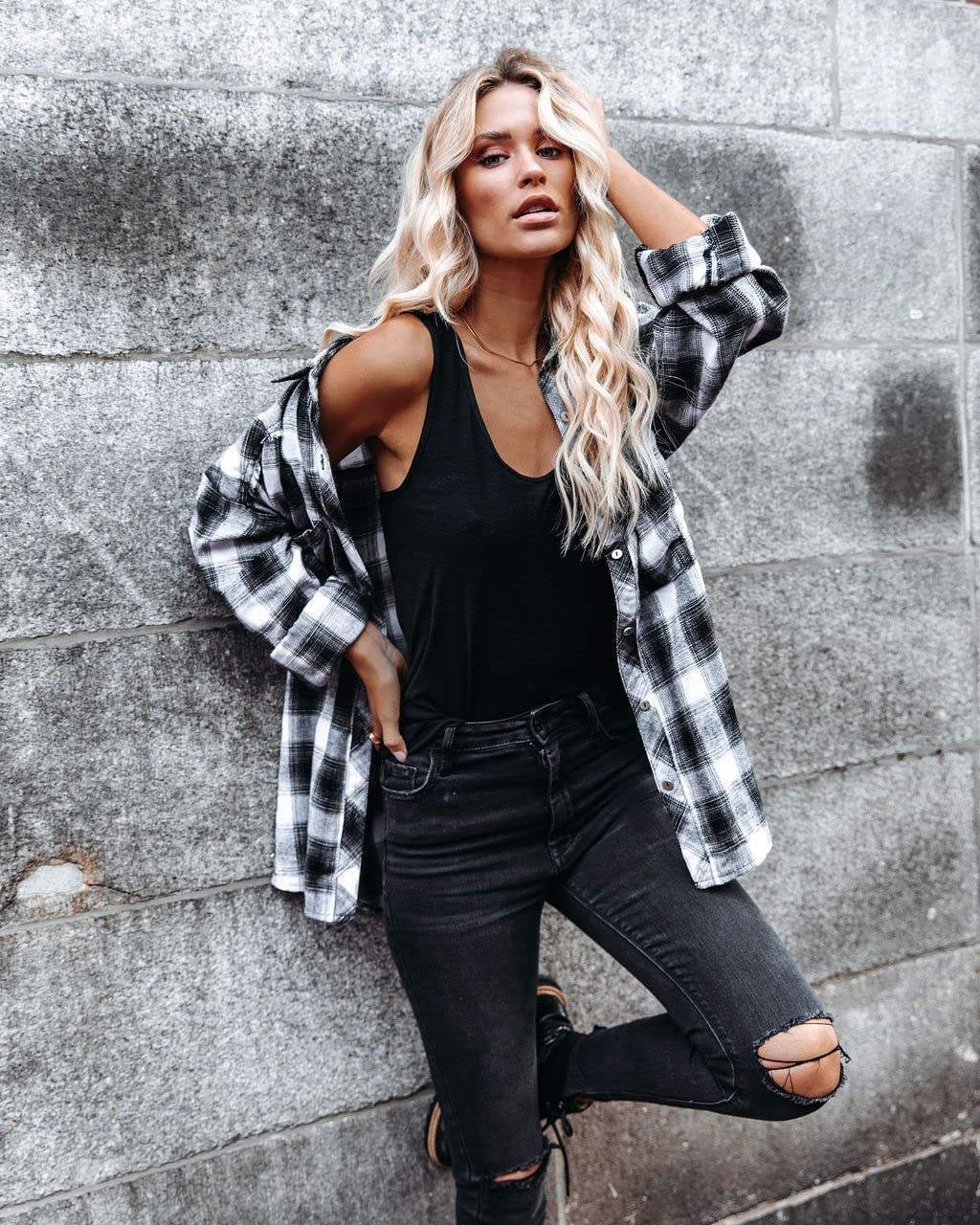 Paintcolors Women's Plaid Button Down Shirts Long Sleeve Blouses Flannel Oversized Tunic Tops with Pockets - Black-White XL