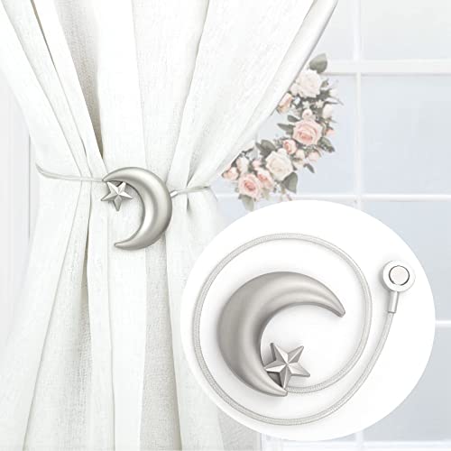 canjuxk 2 Pack Curtain Tiebacks,Magnetic Curtain Tiebacks,Star Moon Curtain Decorative Weave Rope Curtain Holdbacks Holder for Window Decor, Curtain Clips Rope Straps Magnet for Home Office (Silver)