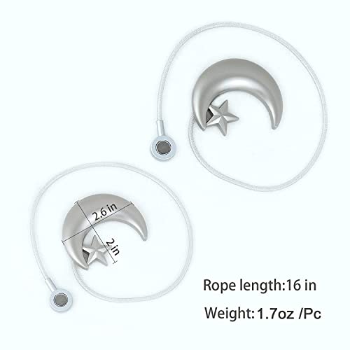 canjuxk 2 Pack Curtain Tiebacks,Magnetic Curtain Tiebacks,Star Moon Curtain Decorative Weave Rope Curtain Holdbacks Holder for Window Decor, Curtain Clips Rope Straps Magnet for Home Office (Silver)